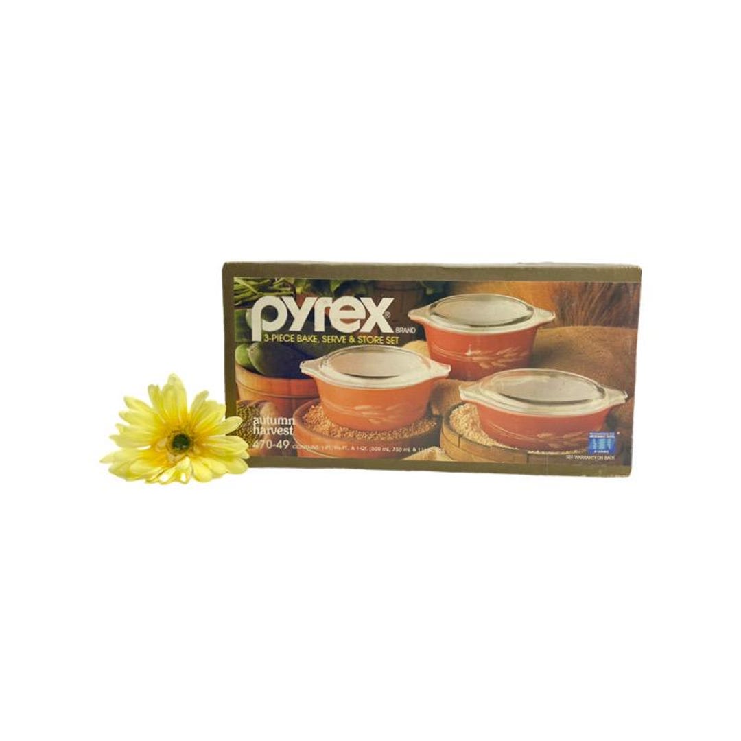Vintage Pyrex Autumn Harvest Wheat Set of 3 Casseroles With Glass Lids ...