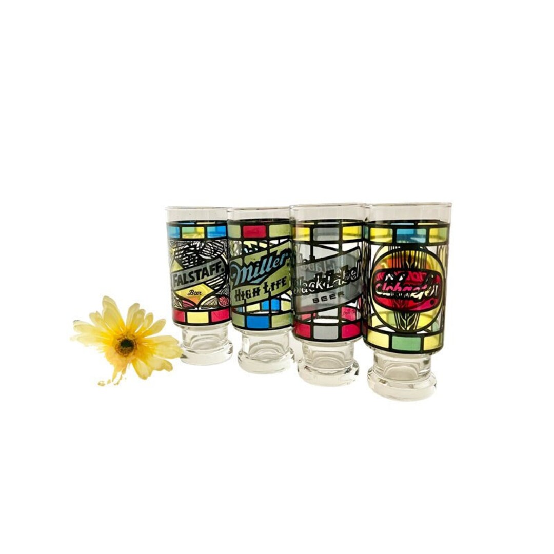 Vintage SET of 4 Stained Glass Beer Glasses / 1970’s Beer Glasses ...