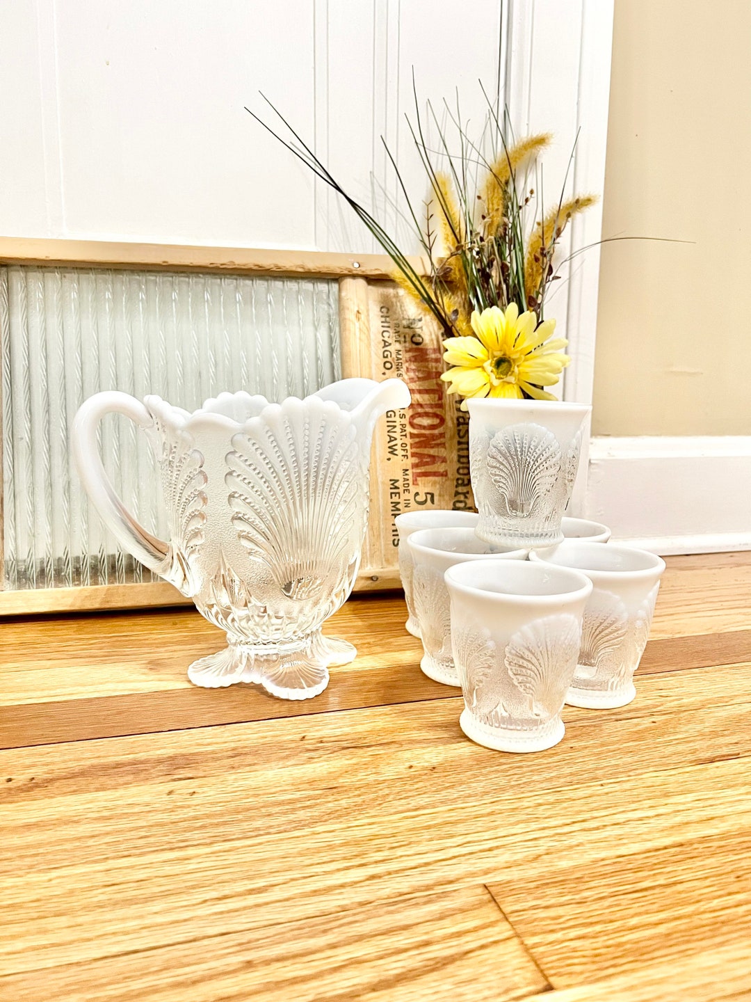 Antique Dugan Opalescent Beaded Seashell Pitcher and Tumbler Set - Etsy
