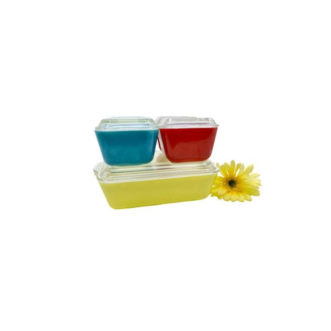 Vintage Pyrex Primary Color COMPLETE SET of 4 Refrigerator Dishes ...