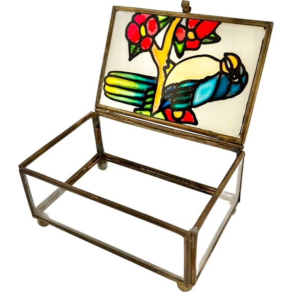 Vintage Stained Glass Parrot Jewelry Box - Mid-Centur… - Gem