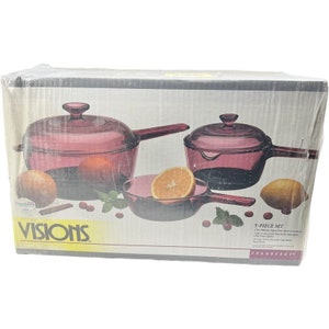 New Vintage COMPLETE VISION Cranberry Corning Ware/pyrex 5 Piece ...
