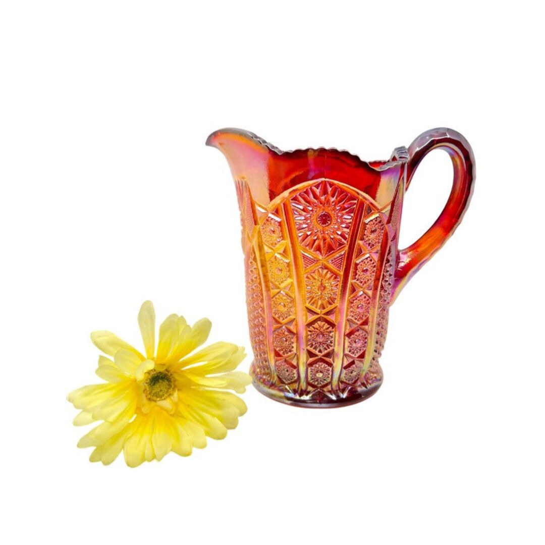 Vintage Carnival Glass Pitcher / Red Iridescent Heirloom Cut - Etsy