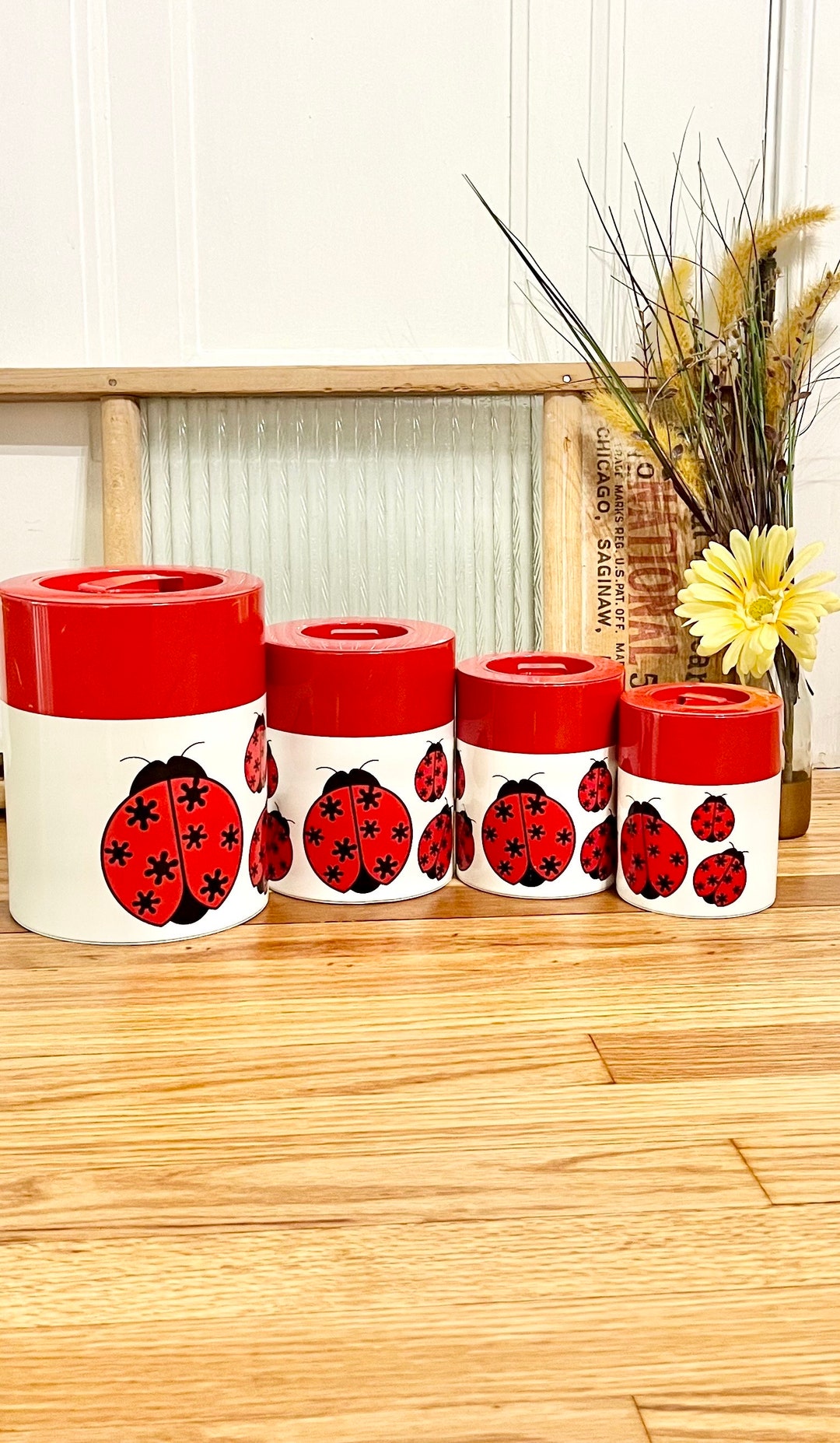Vintage Ladybug Metal Canister Set of Four (4) / 1970's Ladybug Metal ...