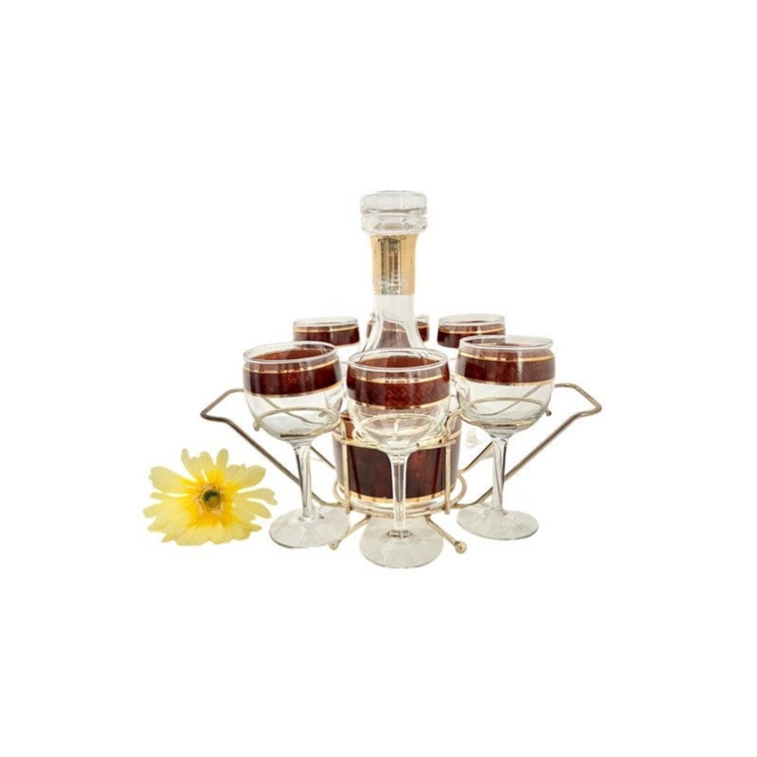 Vintage Culver Tortoise Decanter and Wine Glasses With Rack / Mid ...