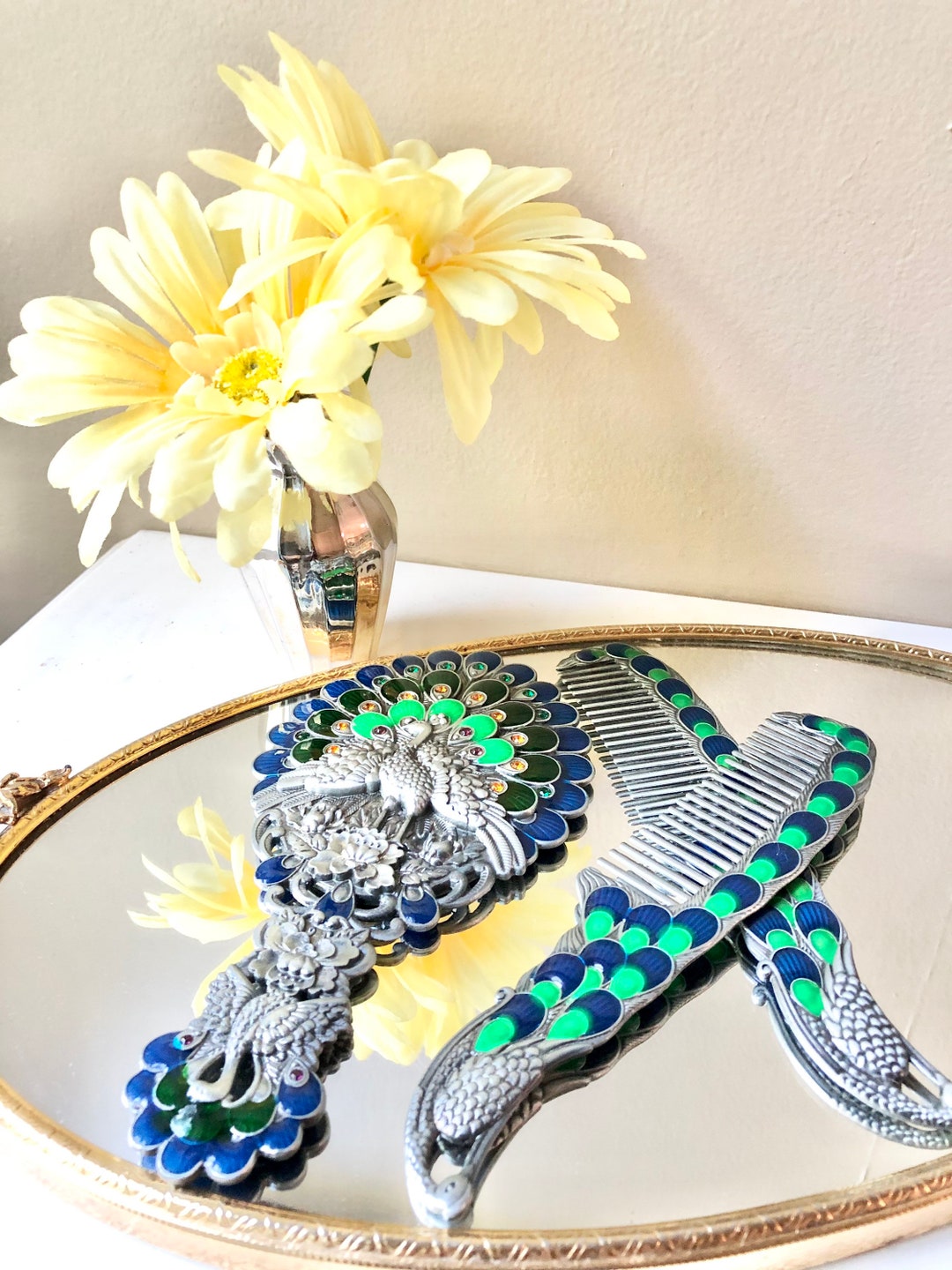 Precioso vintage MANIYA Peacock 3 piezas Set espejo y 2 peines ...