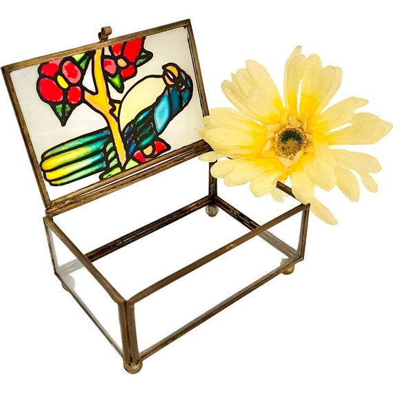 Vintage Stained Glass Parrot Jewelry Box - Mid-Centur… - Gem