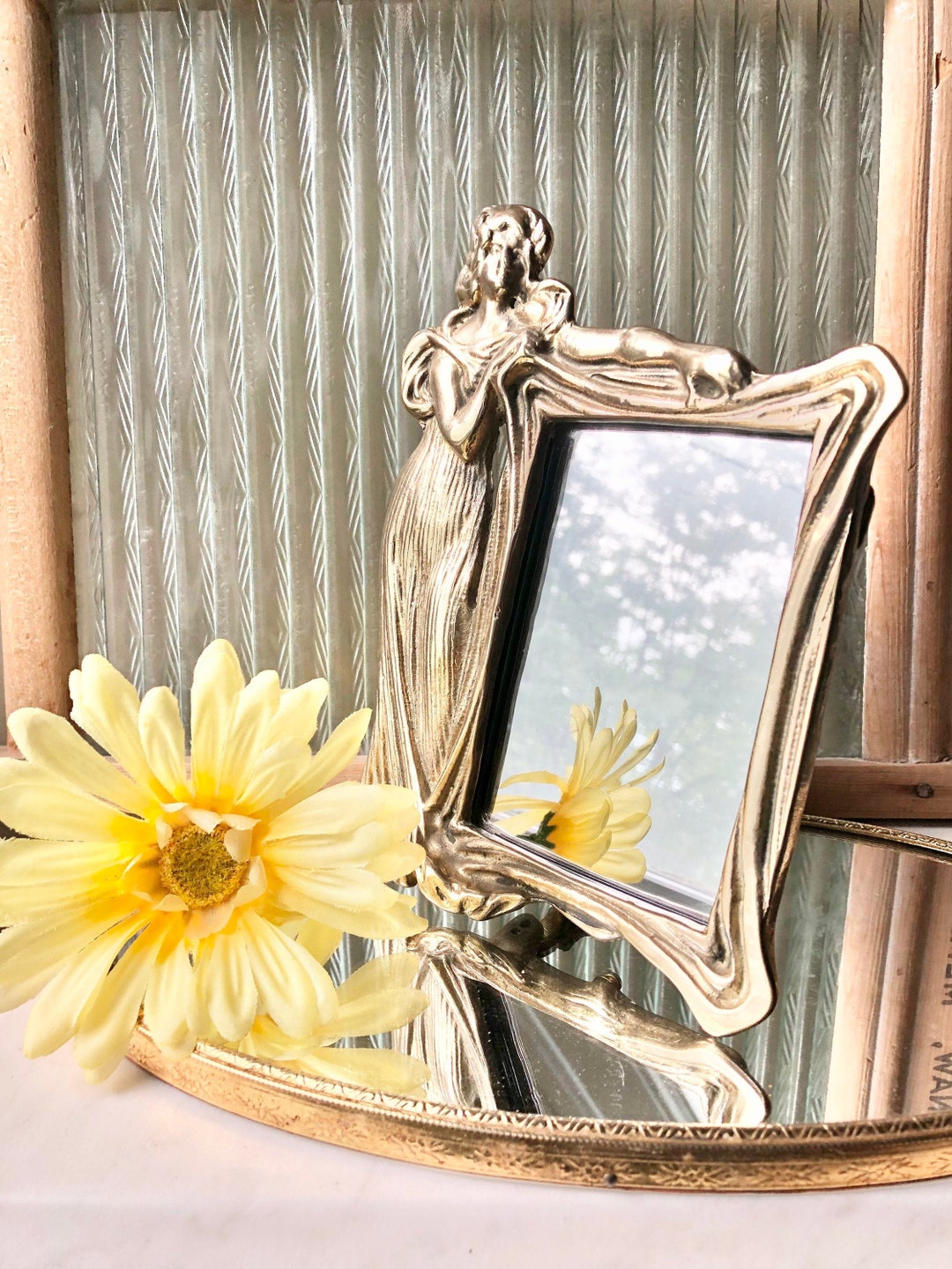 Vintage estilo Art Nouveau latón Lady Mirror / Vintage Brass Lady ...
