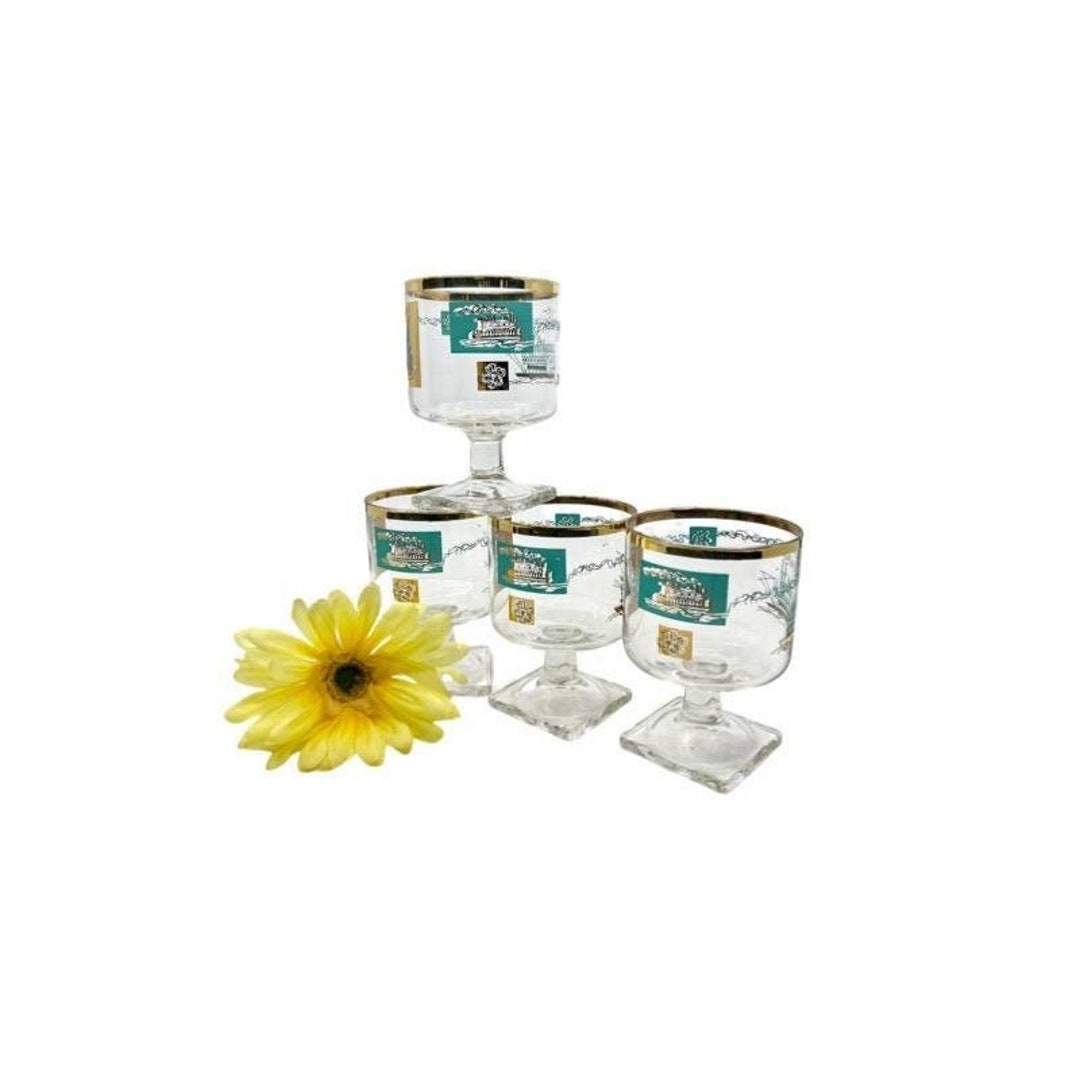 Vintage Set of 4 Libbey Southern Comfort 22K Gold & Turquoise Steamboat ...