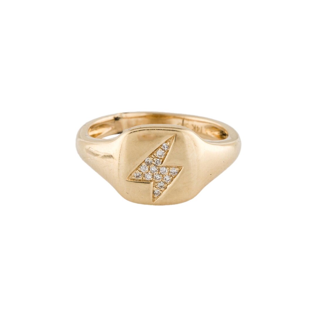 14K Gold Signet Ring Lighting Bolt Ring Gold Engraved Design Ring Gold ...