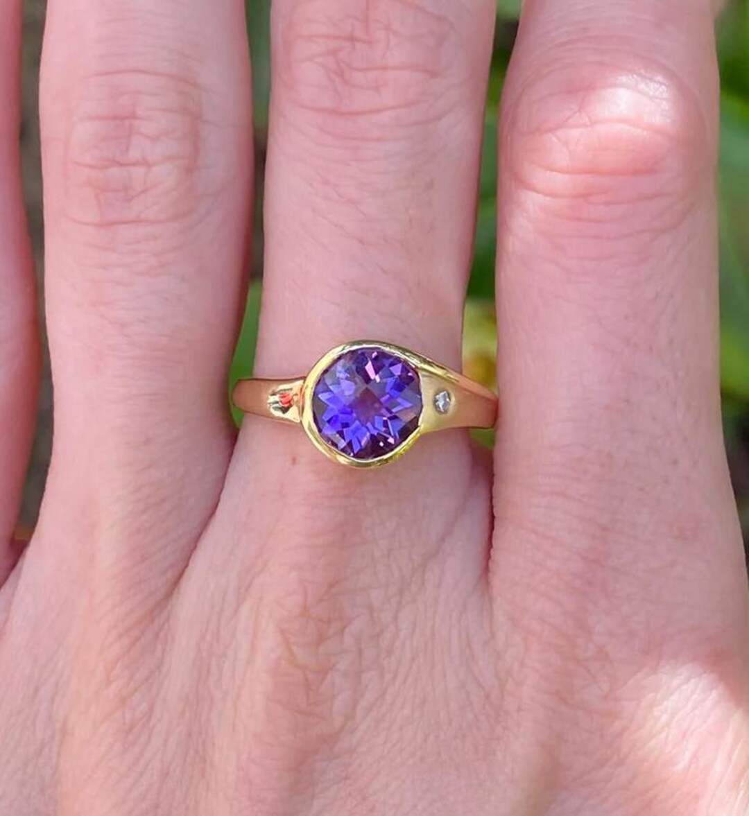 Amethyst Signet Ring 14K Gold Amethyst Diamond Ring Vintage Amethyst ...
