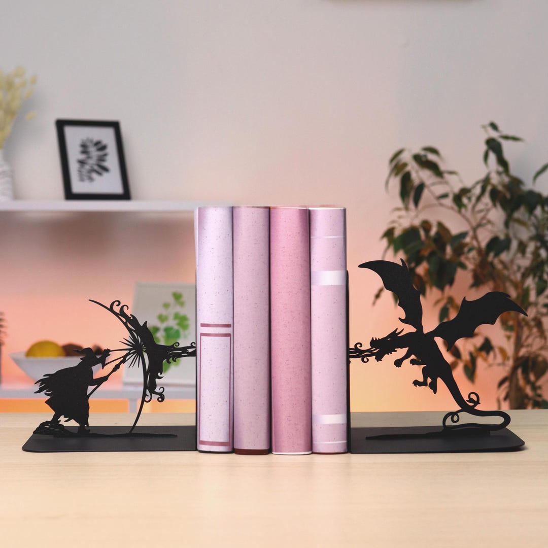 Bookends Dragon Wizard Black Metal Book Ends Fantasy Room Decor Book ...