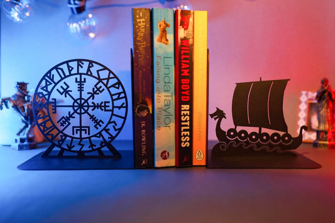 Bookend Set Viking Compass and Drakkar Unique Norse Metal Bookshelf ...