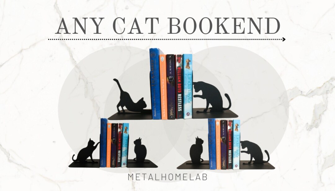 Bookends Set Black Cats, Gift for Book Lovers, Cute Metal Art Bookshelf ...