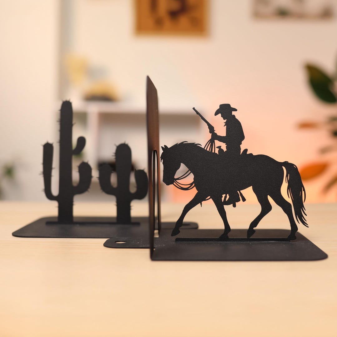Bookends Cowboy on Horseback Cactus Texas Decor Bookshelf Unique Black ...