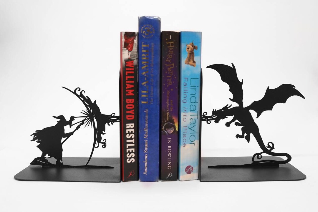 Book Lover Gift Bookends Dragon Wizard Metal Art Decor Unique Home ...
