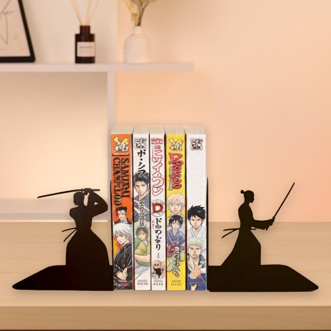 Samurai Manga Bookends: Metal Anime Shelf Decor, Otaku Room Organizer ...