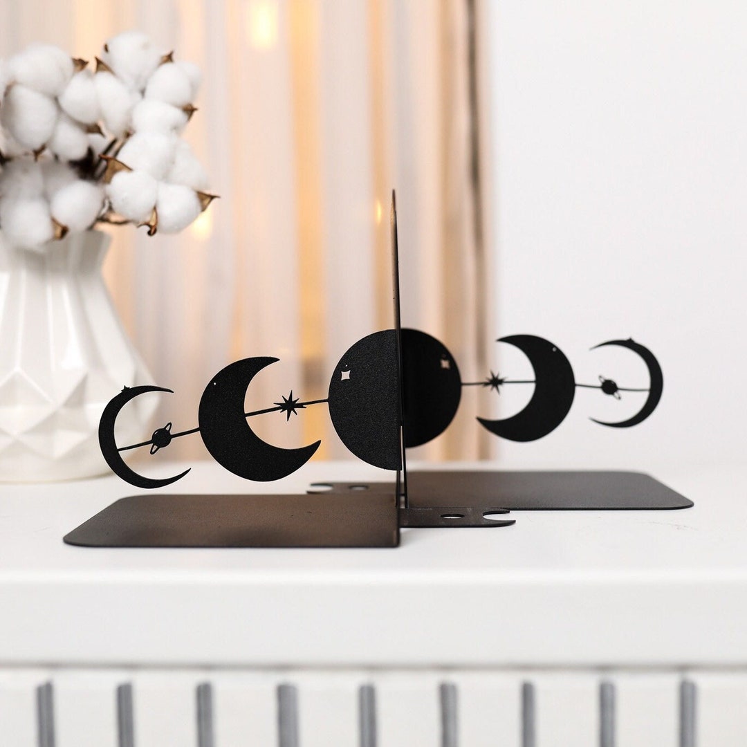Bookends Moon Phase Boho Bookend Phase of Moon Black Metal Unique Shelf ...