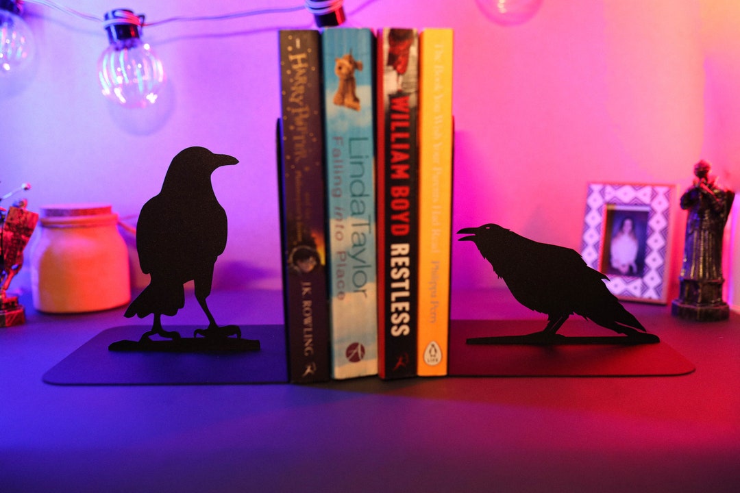 Bookend Unique Set of Crows Black Metal Gothic Art, Book End Iron Raven ...