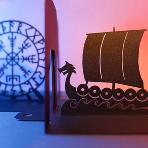 Bookend Set Viking Compass and Drakkar Unique Norse Metal Bookshelf ...