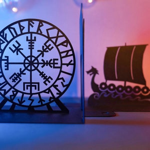 Bookend Set Viking Compass and Drakkar Unique Norse Metal Bookshelf ...