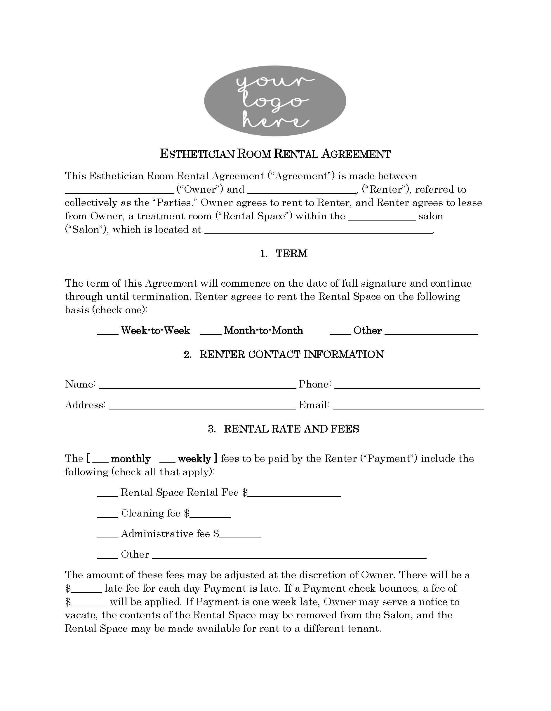 Esthetician Room Rental Agreement: Attorney-drafted Salon & Spa ...