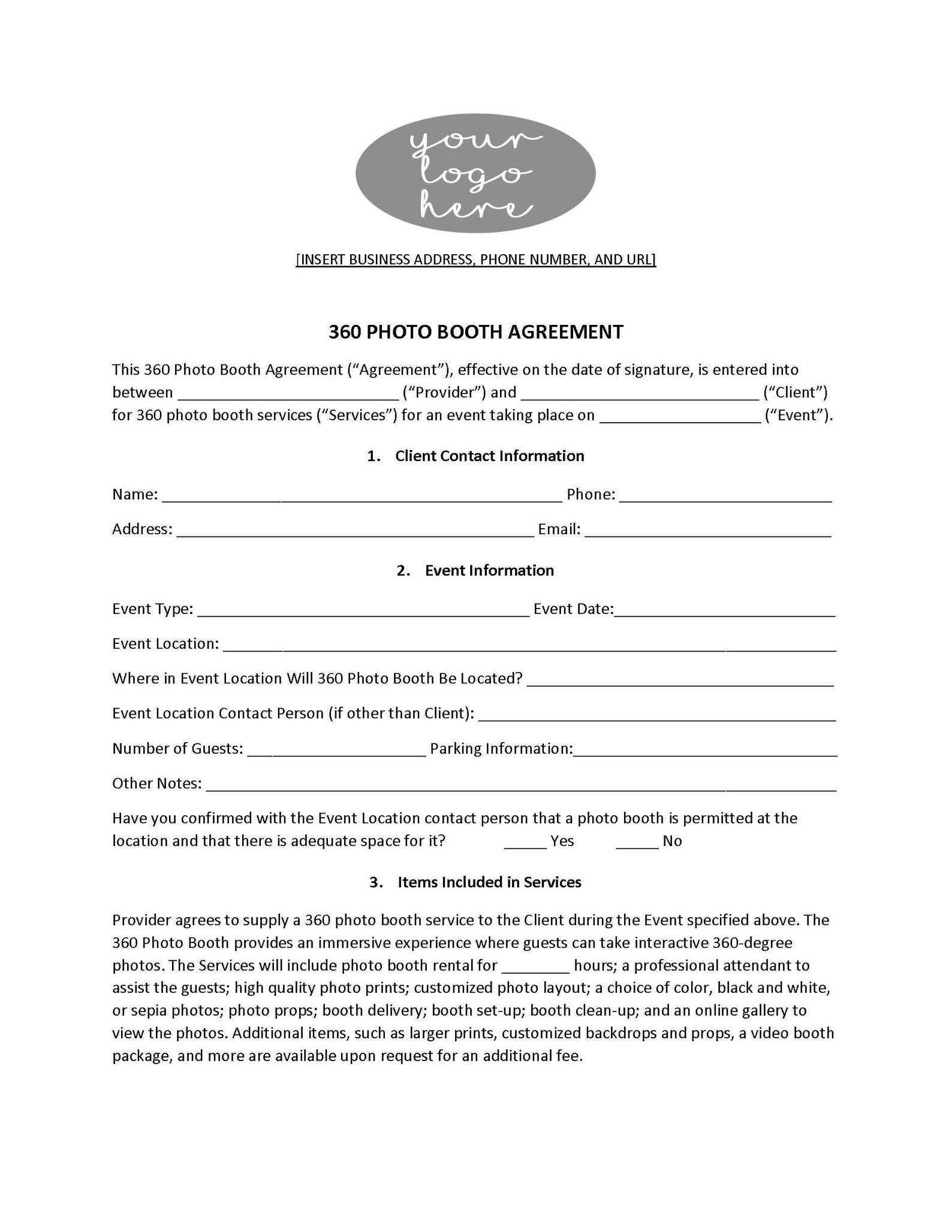 360 Photo Booth Contract Template | Attorney-written Editable Instant ...