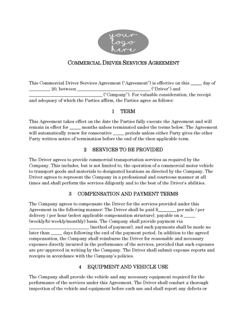 Commercial Truck Driver Contract Template: Attorney-written, Editable ...