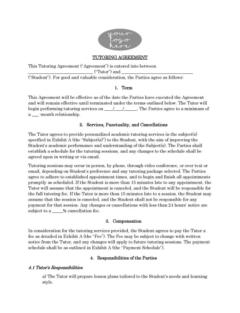 Attorney-written Tutoring Contract Template: Editable Agreement ...