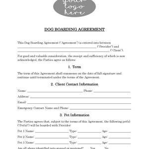 Dog Boarding Contract Template | Attorney-written + Editable | Dog Boarding Forms | Dog Boarding ...