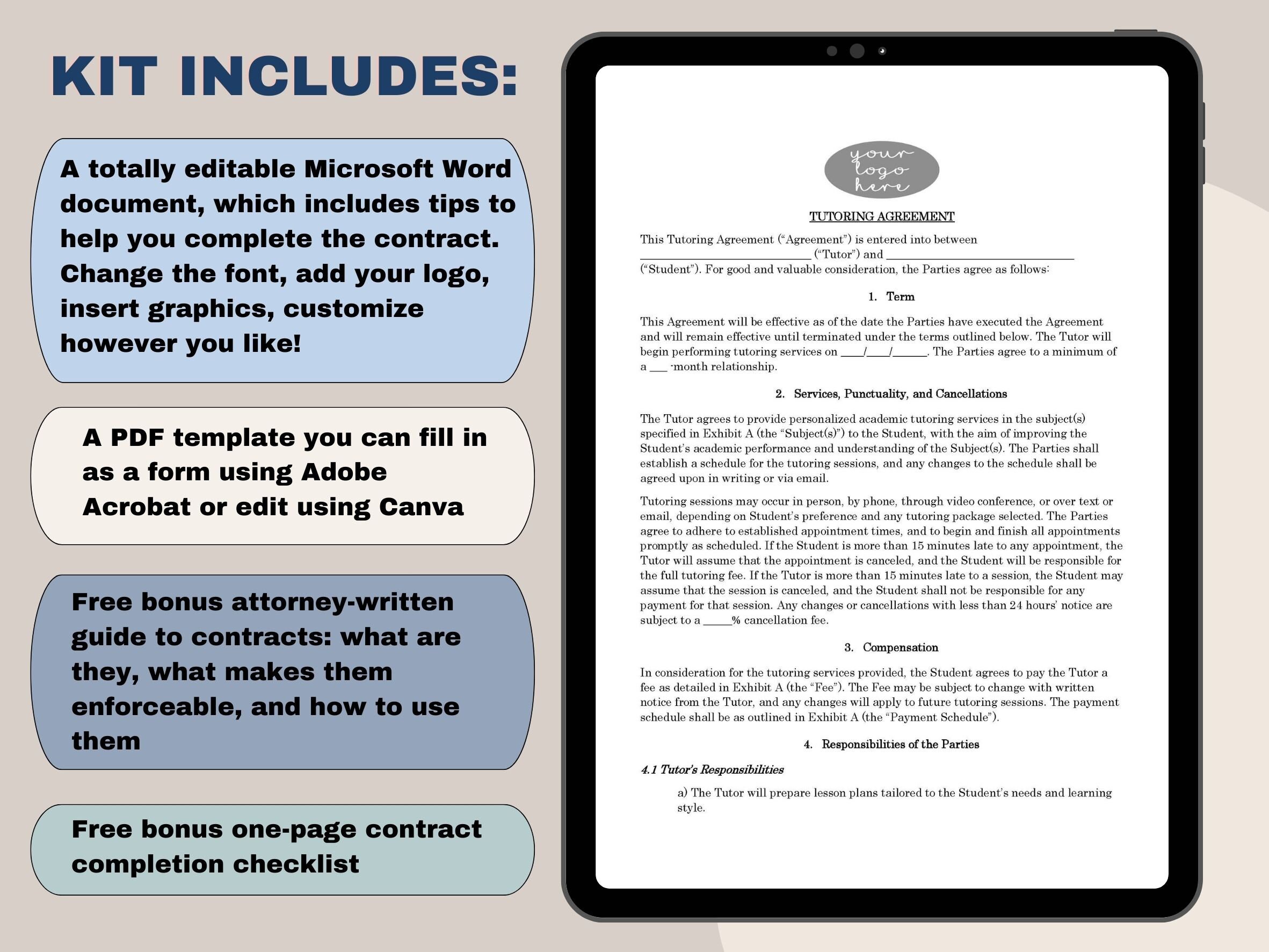 Tutoring Contract Template Attorney-written Editable Instant Download ...