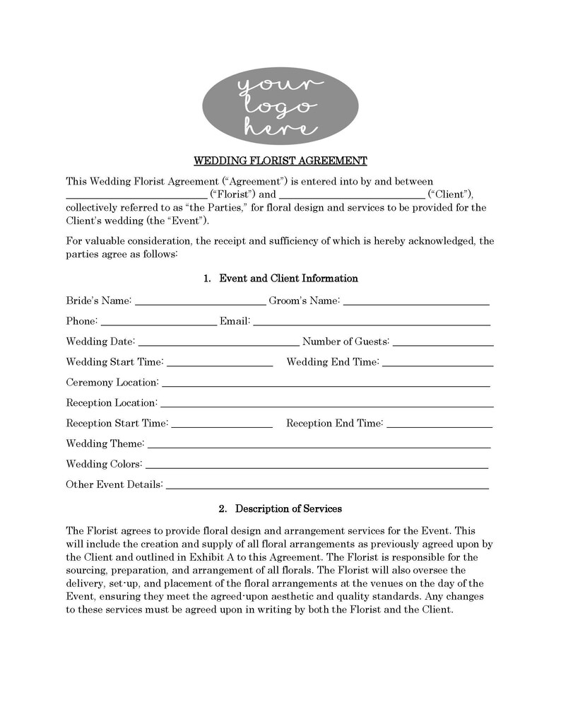Attorney-written Wedding Florist Contract Template: Editable Form ...
