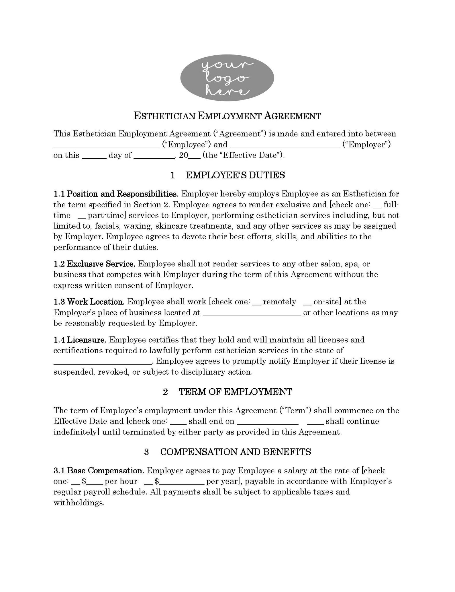 Esthetician Employment Agreement Template | Attorney-written Editable Instant Download | Spa and ...