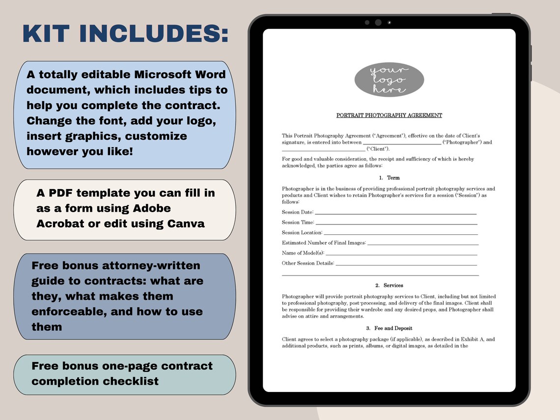 Portrait Photography Contract Template | Attorney-written Editable ...