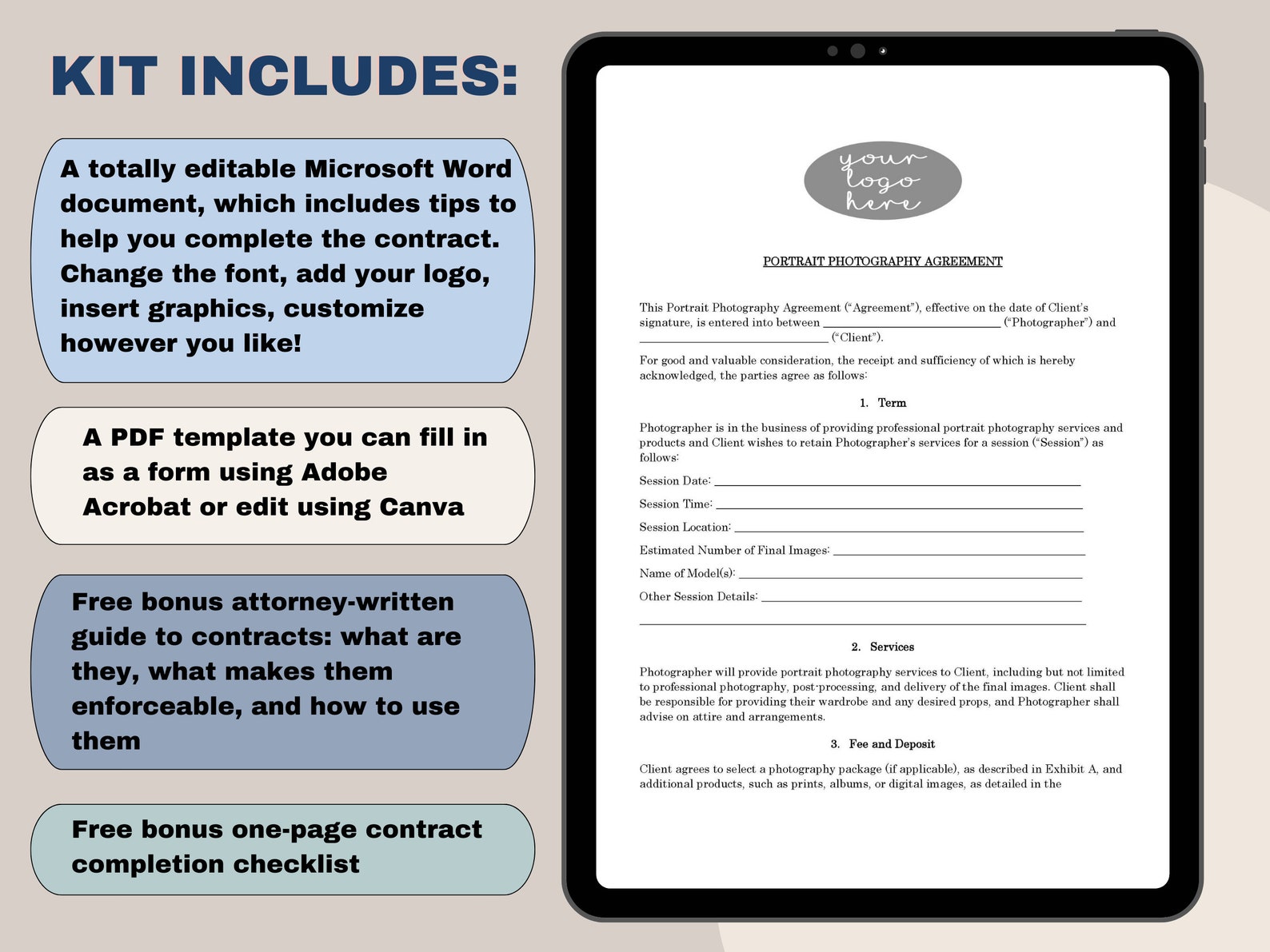 Portrait Photography Contract Template | Attorney-written Editable ...