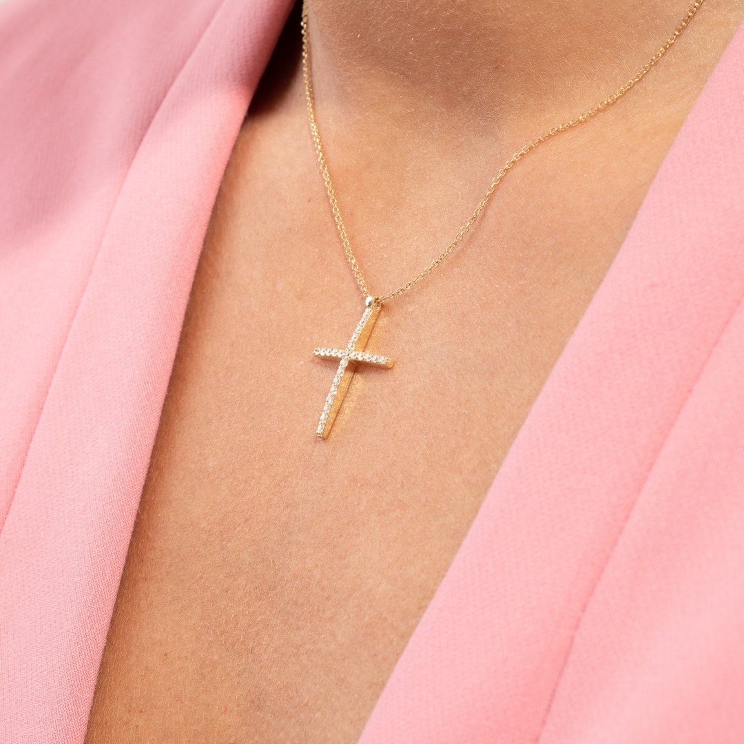 14k Solid Gold Cross Necklace Women | Chunky Gemstone Necklace ...