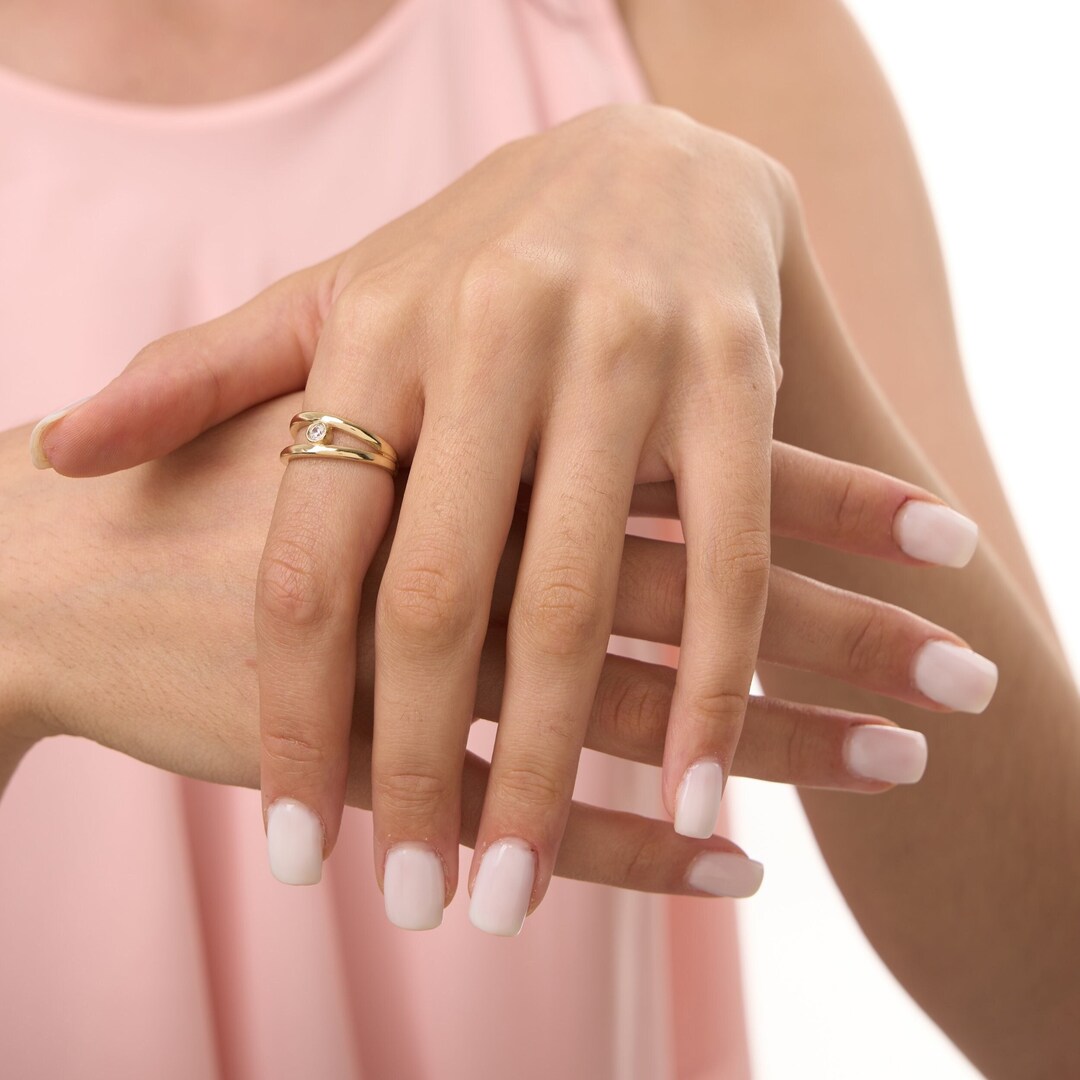14k Solid Gold Double Row Ring: Open Dome Cubic Zirconia Statement Ring ...