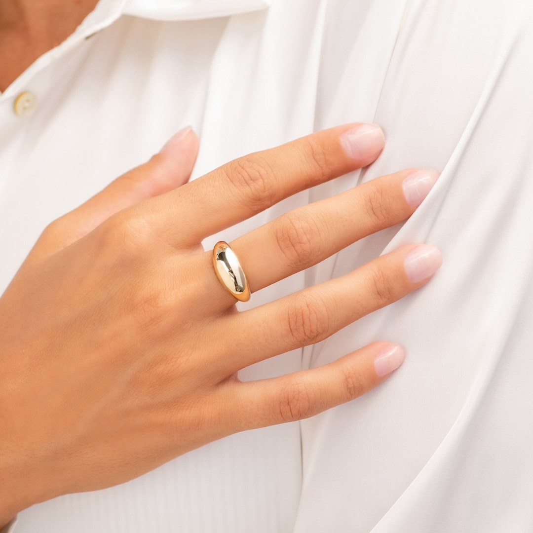 14k Solid Gold Crescent Dome Ring | Classic Bold Ring | Dainty Mirror Ring | Gold Statement Ring ...