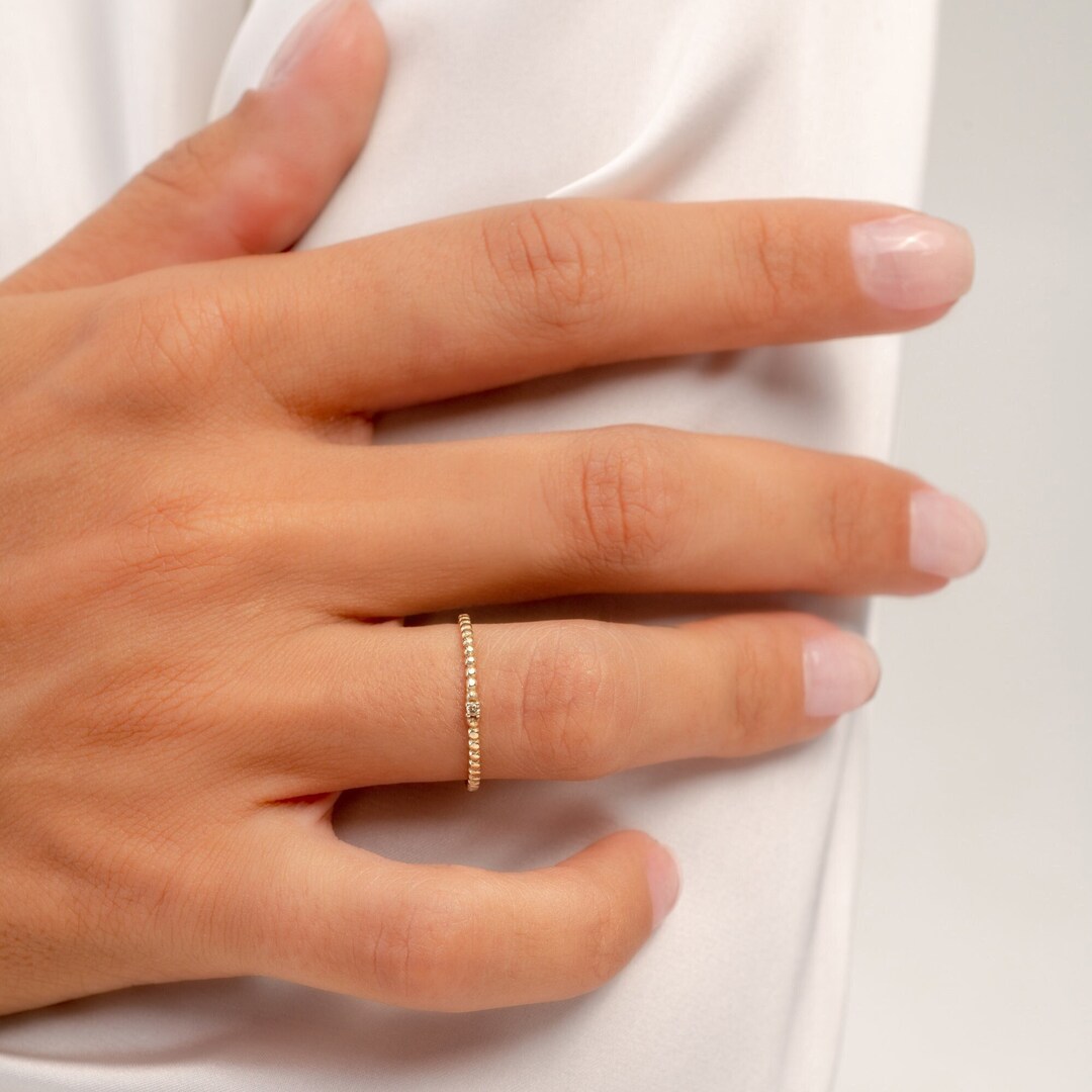 14k Solid Gold Beaded Ring | One Stone Ring | Solitaire Ring | Cubic ...