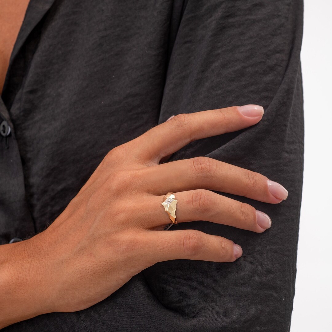 14k Solid Gold Mirror Ring: Diamond Cut Cubic Zircon Ring - Etsy