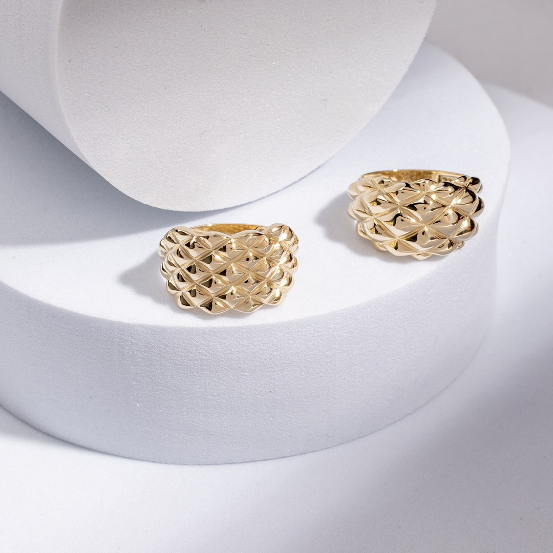 14k Solid Gold Quilted Ring | Croissant Dome Ring | Crush Ring | Wide ...