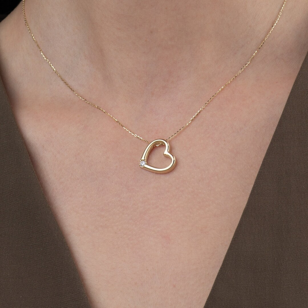 14k Solid Gold Heart Necklace: Gemstone Love Pendant - Etsy