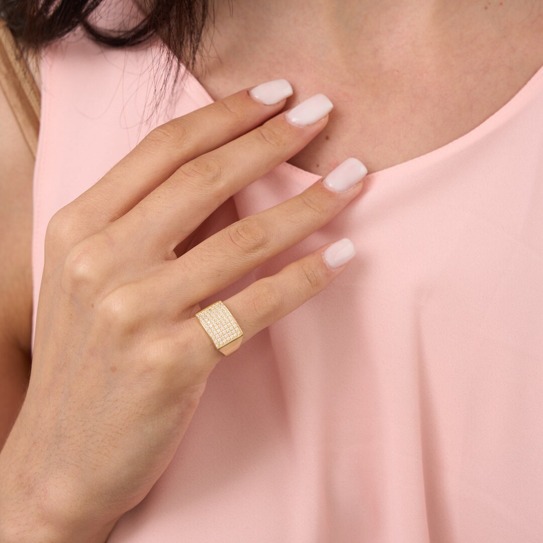 14k Solid Gold Rectangle Signet Ring | Dainty Cubic Zirconia Ring | Geometric Ring | Unique ...