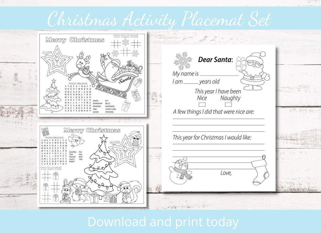 Christmas Coloring Activity Placemat Letter to Santa Printable Set ...