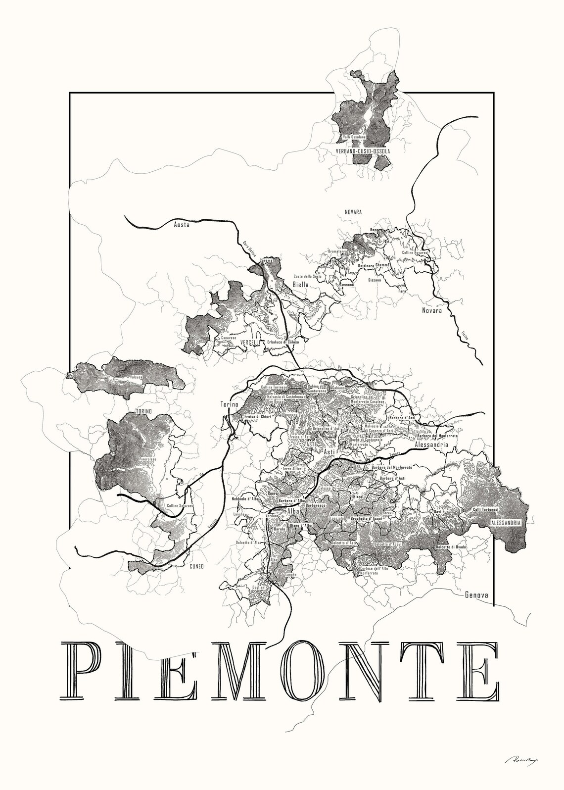 Wine Map of Piemonte, Piemonte Wine Region Map - Etsy