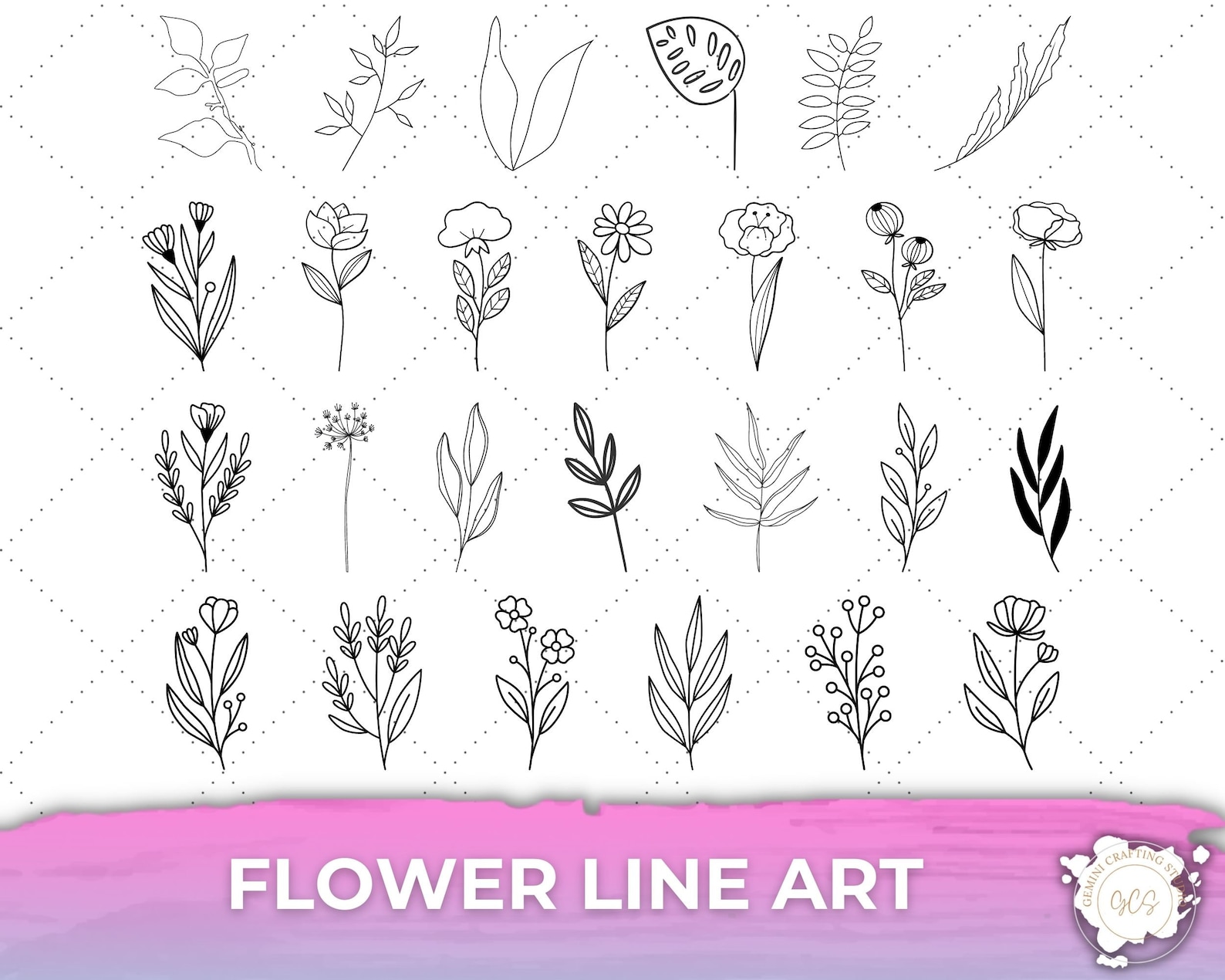 Flower Line Art Design Bundle SVG Monoline Leaves PNG Plant - Etsy