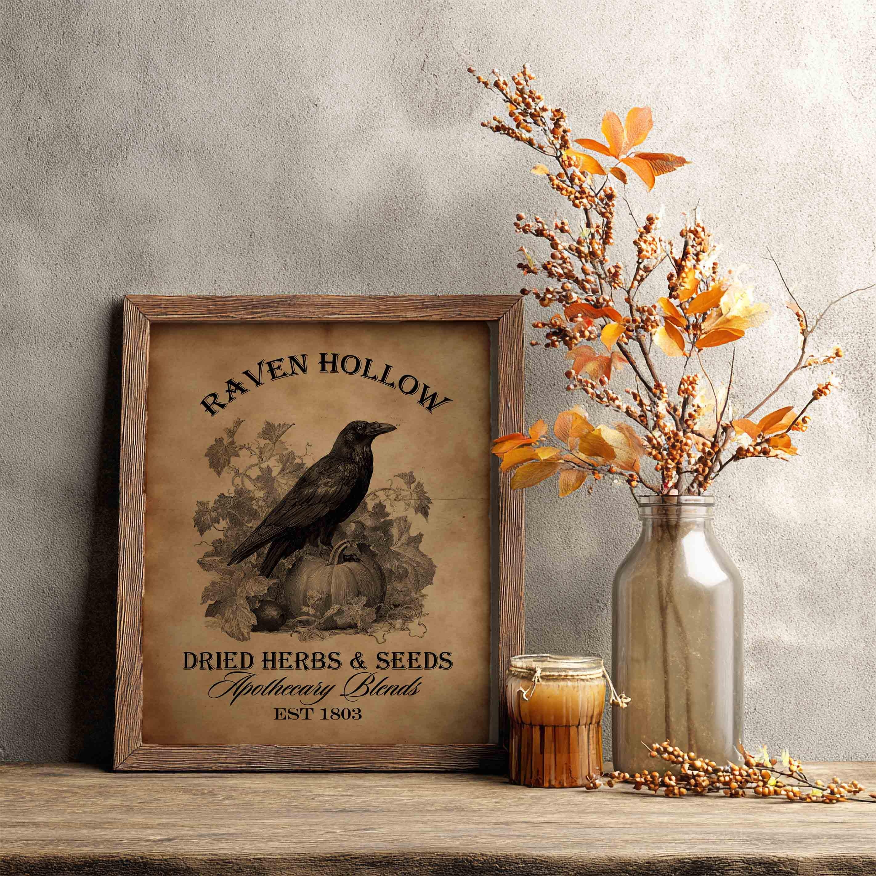Printable Raven, Herbs and Seeds Apothecary Print: Rustic Autumn ...