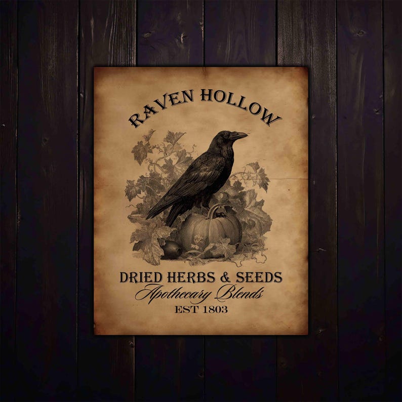 Printable Raven, Herbs and Seeds Apothecary Print: Rustic Autumn ...