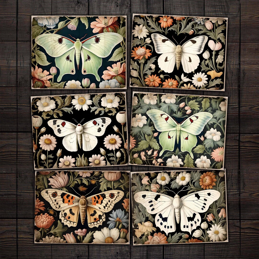 Moths and Flowers Printable Pages for Mixed Media Collage, Junk ...