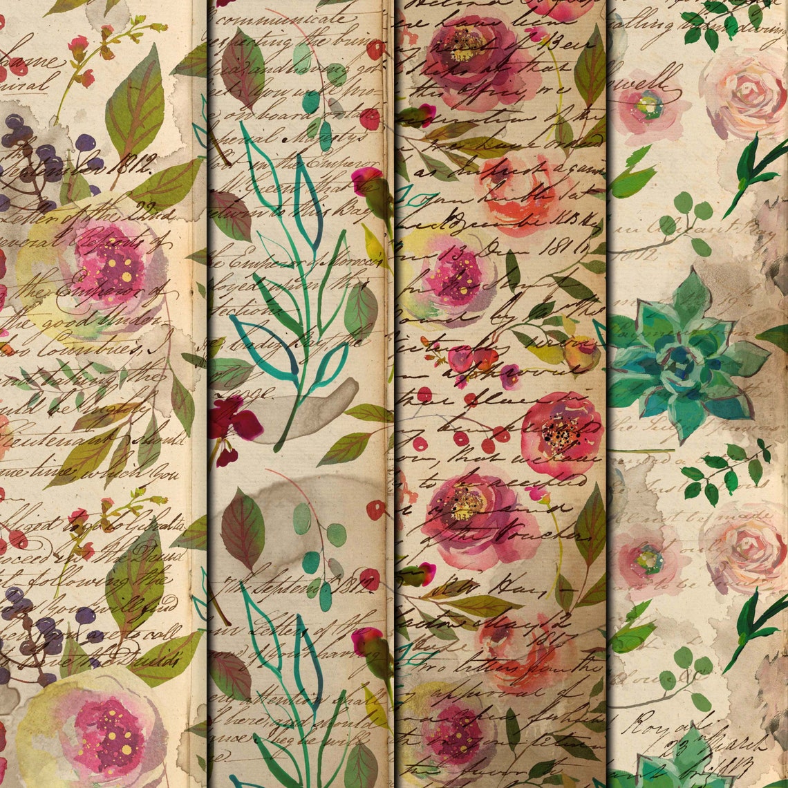 Old Handwriting and Watercolor Floral Printable Papers - Etsy